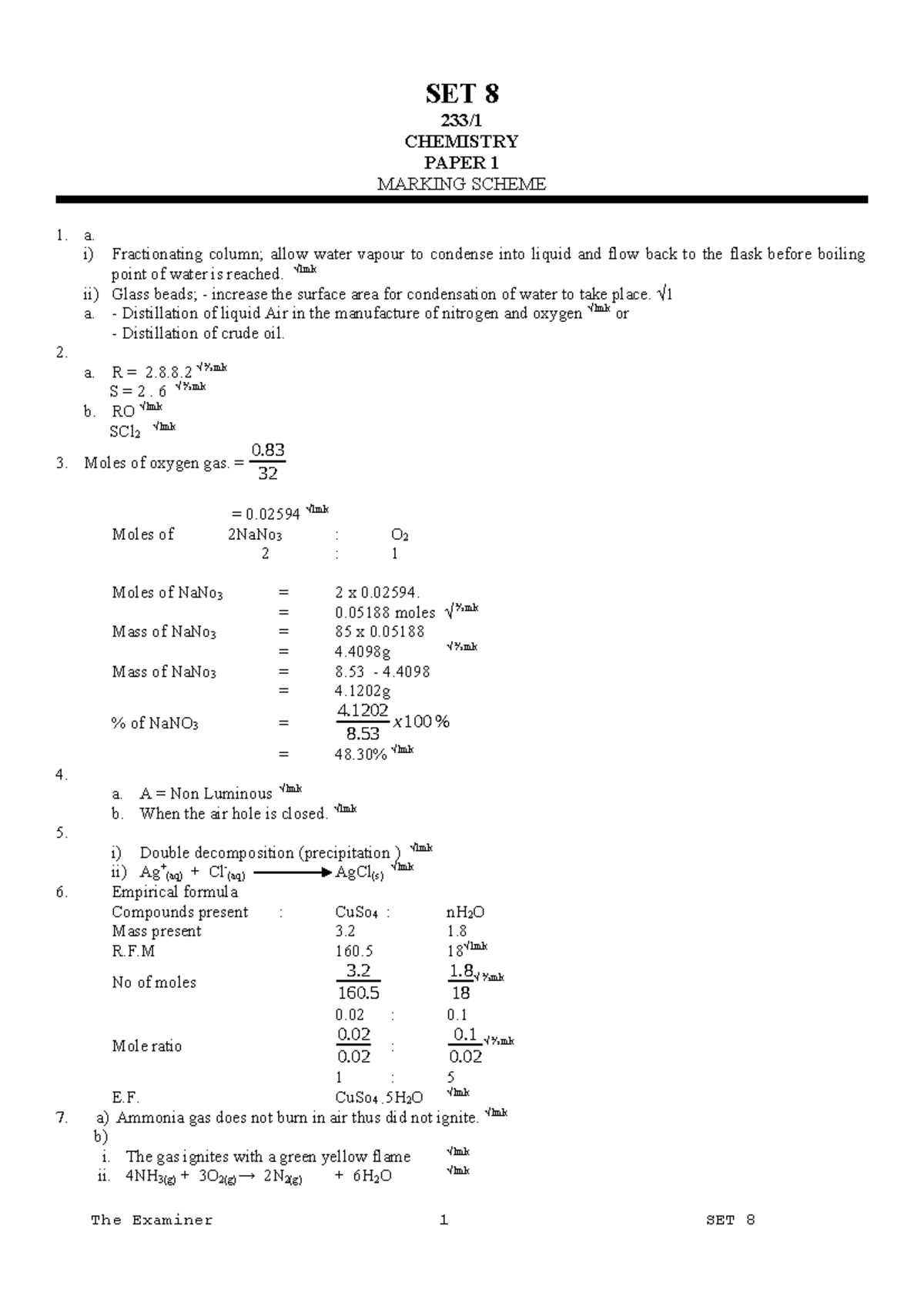 CHEM P1 MS SET 8 - Marking Scheme & Exam Practice - Studocu
