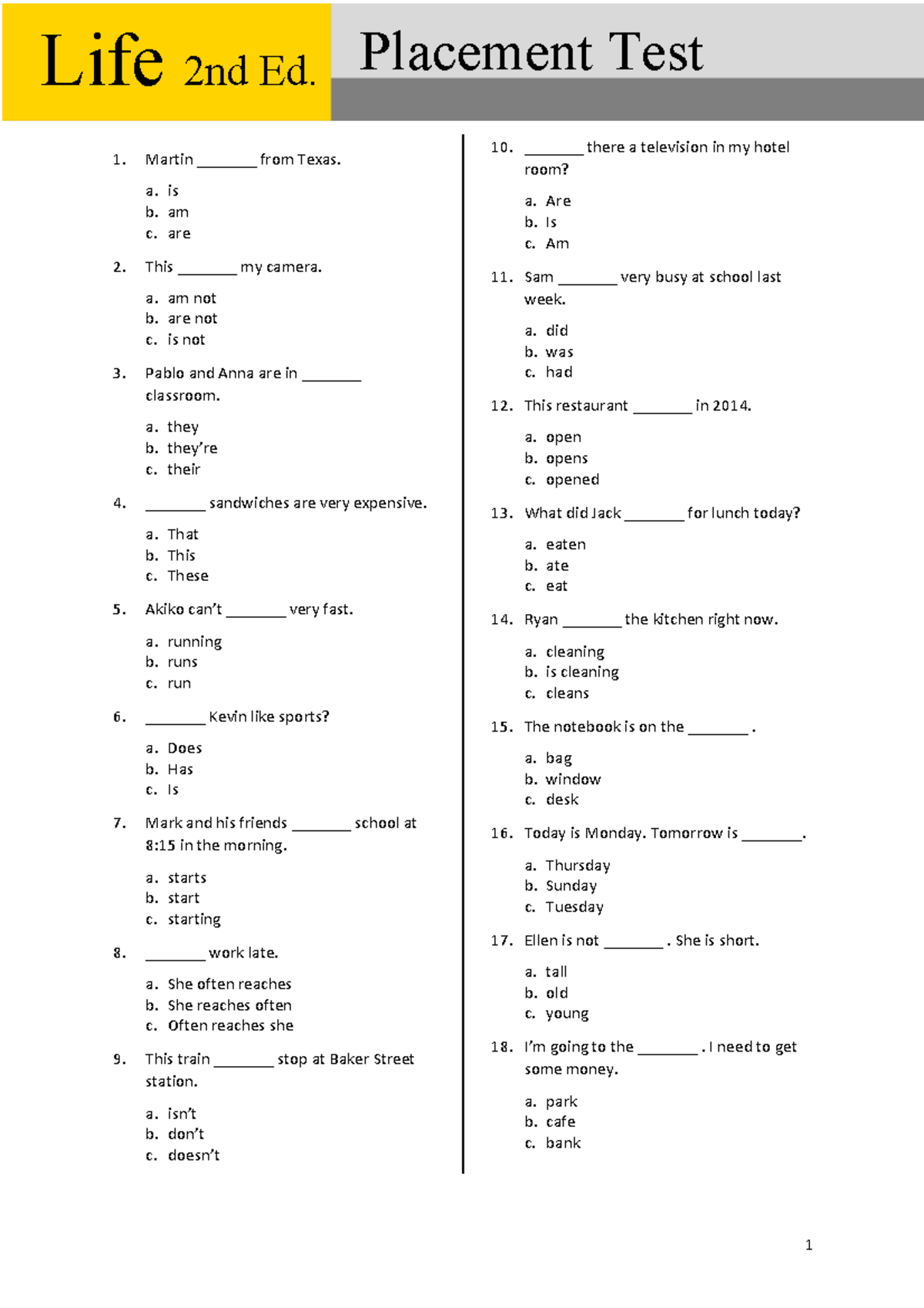 Life 2e Placement Test: Comprehensive Review Questions and Answers ...