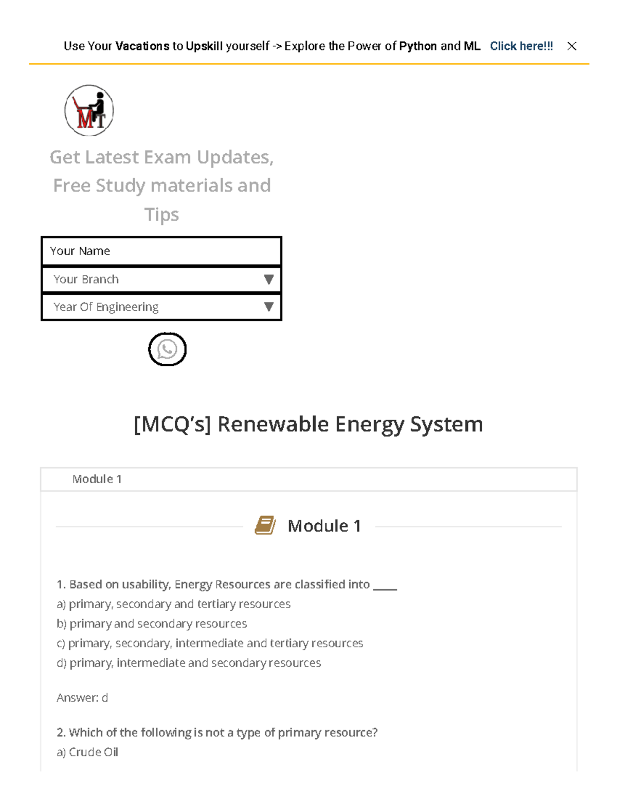 [MCQ's] Renewable Energy Systems - Module 1 Exam Preparation - Studocu