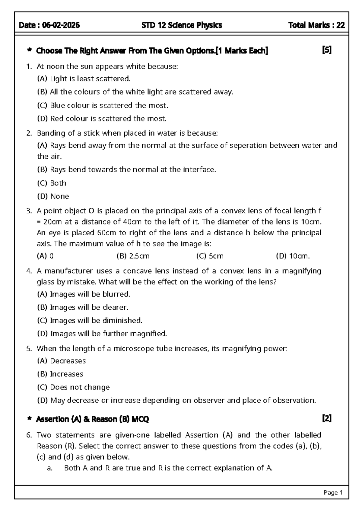 STD 12 Science Physics: MCQ Test on Optics Concepts - Studocu