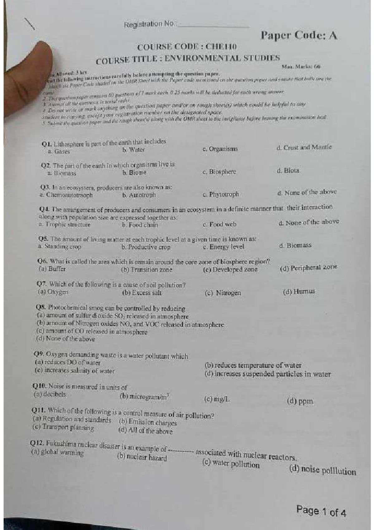 CHE110 Environmental Studies: End Term Exam Past Year Questions - Studocu