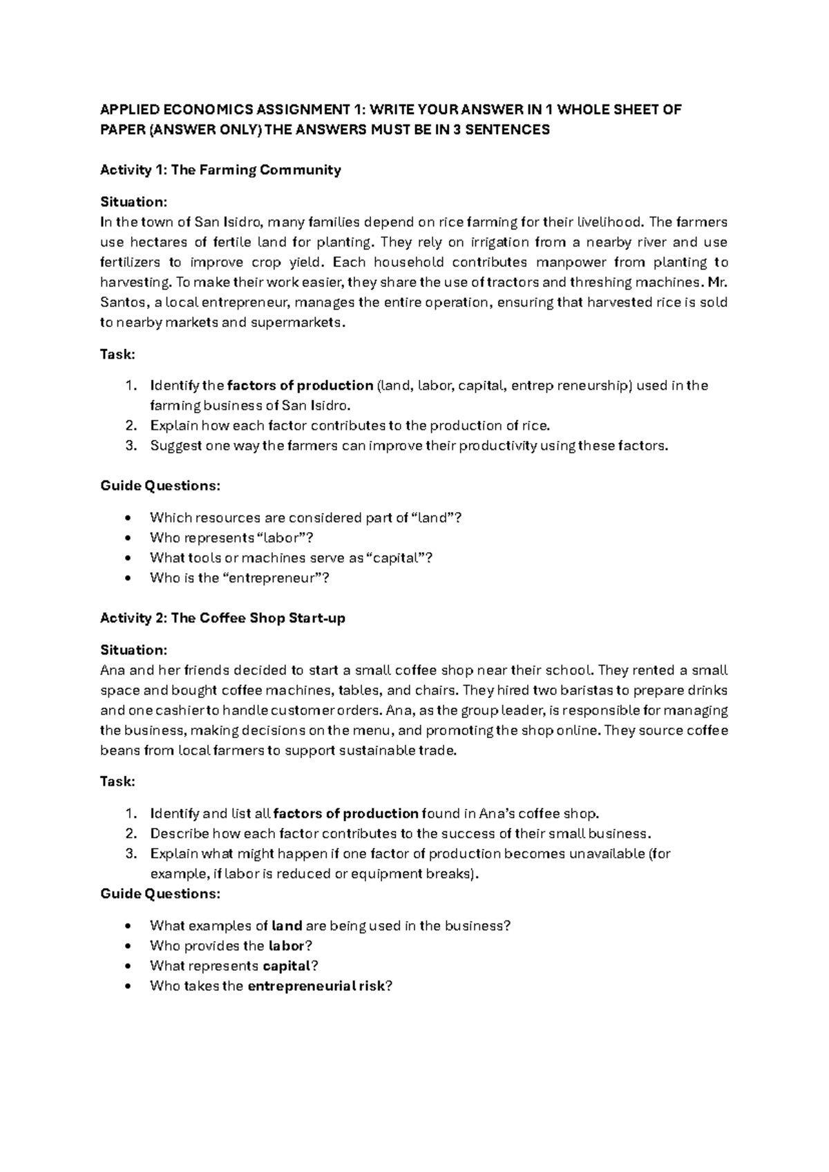 APPLIED ECONOMICS ASSIGNMENT 1: FACTORS OF PRODUCTION ANALYSIS - Studocu
