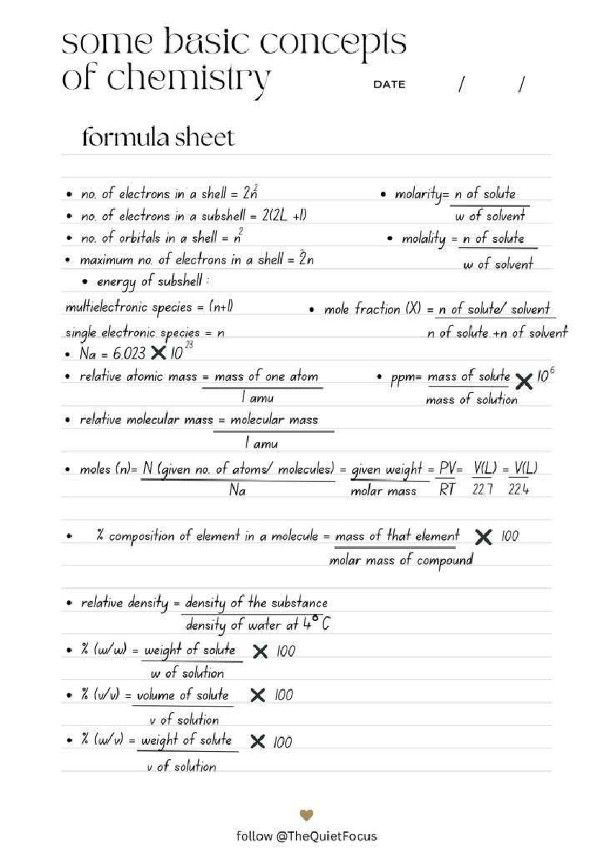 CHEM 101: Basic Concepts of Chemistry Formula Sheet - Studocu