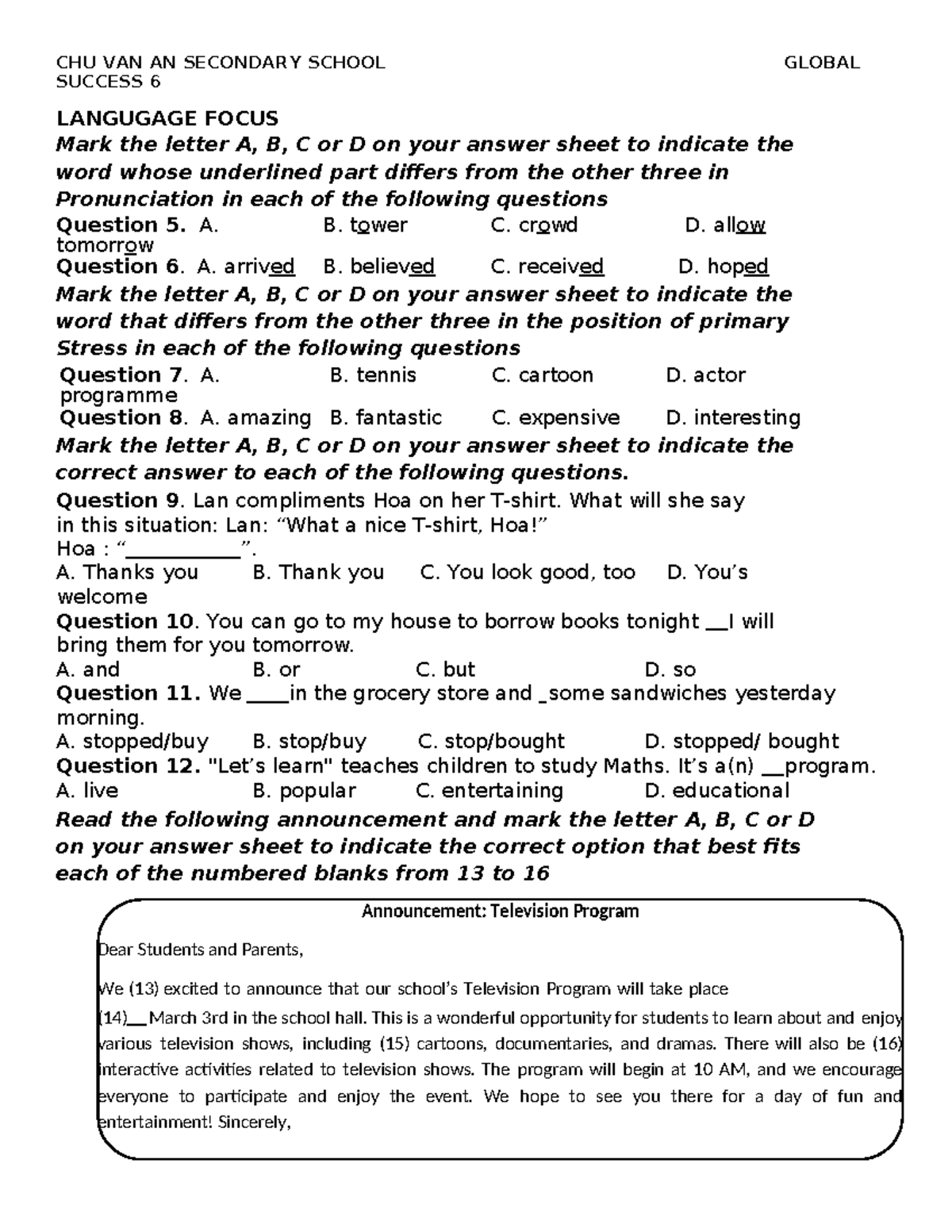 CHU VAN AN SECONDARY SCHOOL SUCCESS 6 GLOBAL LANGUAGE FOCUS Practice ...