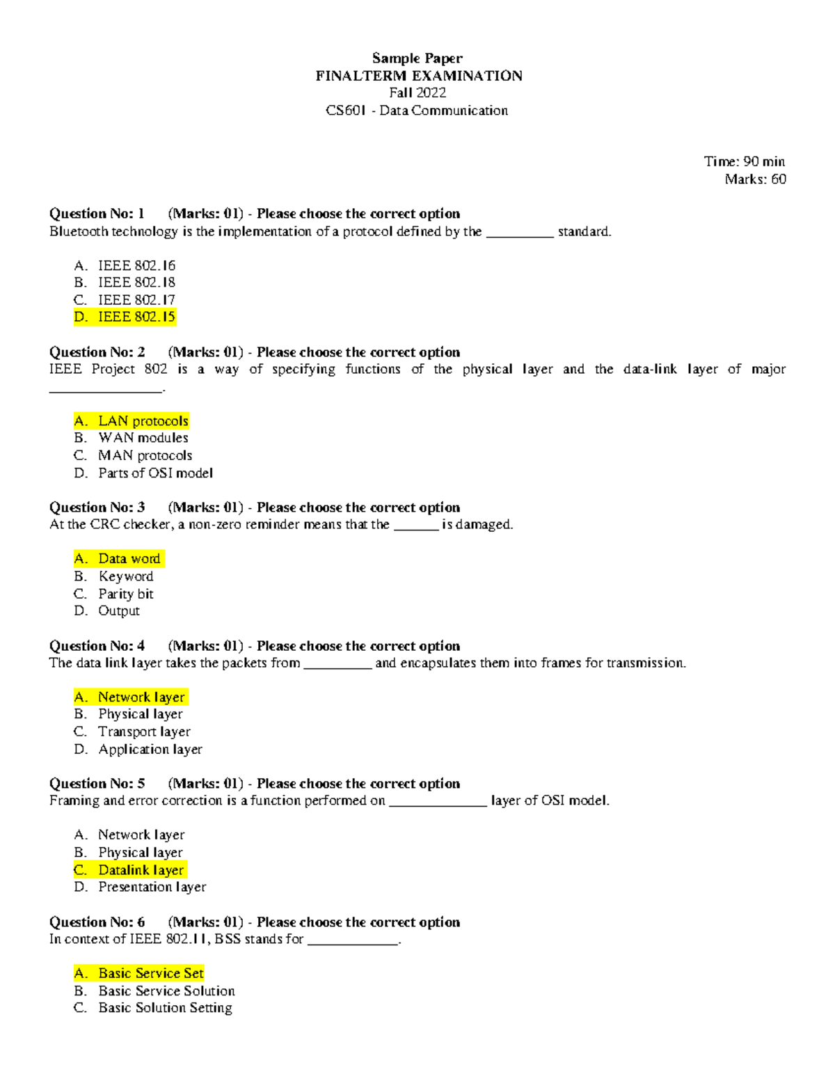 Sample Paper: FINALTERM EXAM CS601 Data Communication Fall 2022 - Studocu