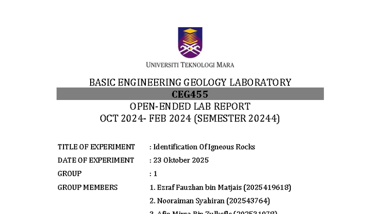 CEG455 Basic Engineering Geology Lab Report: Igneous Rocks ...