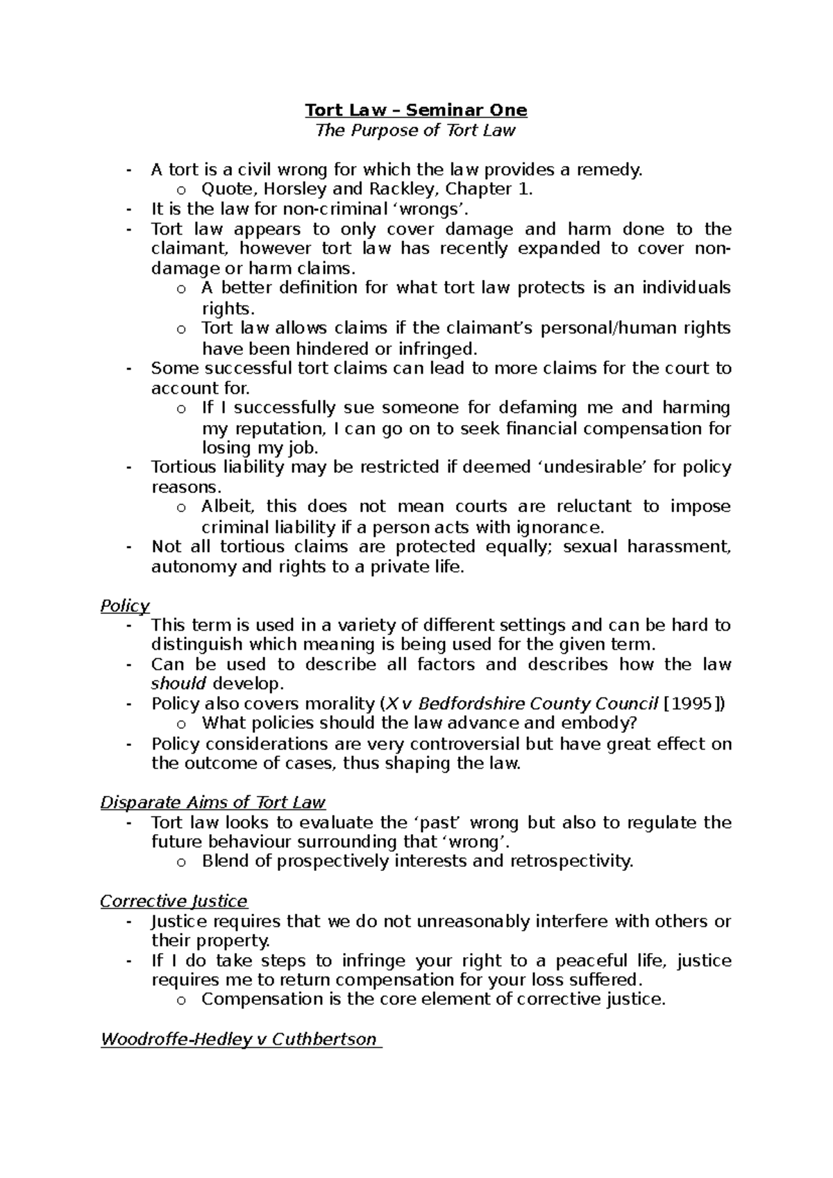 Tort Law - L1 - Seminar Notes on Purpose and Policy - Studocu