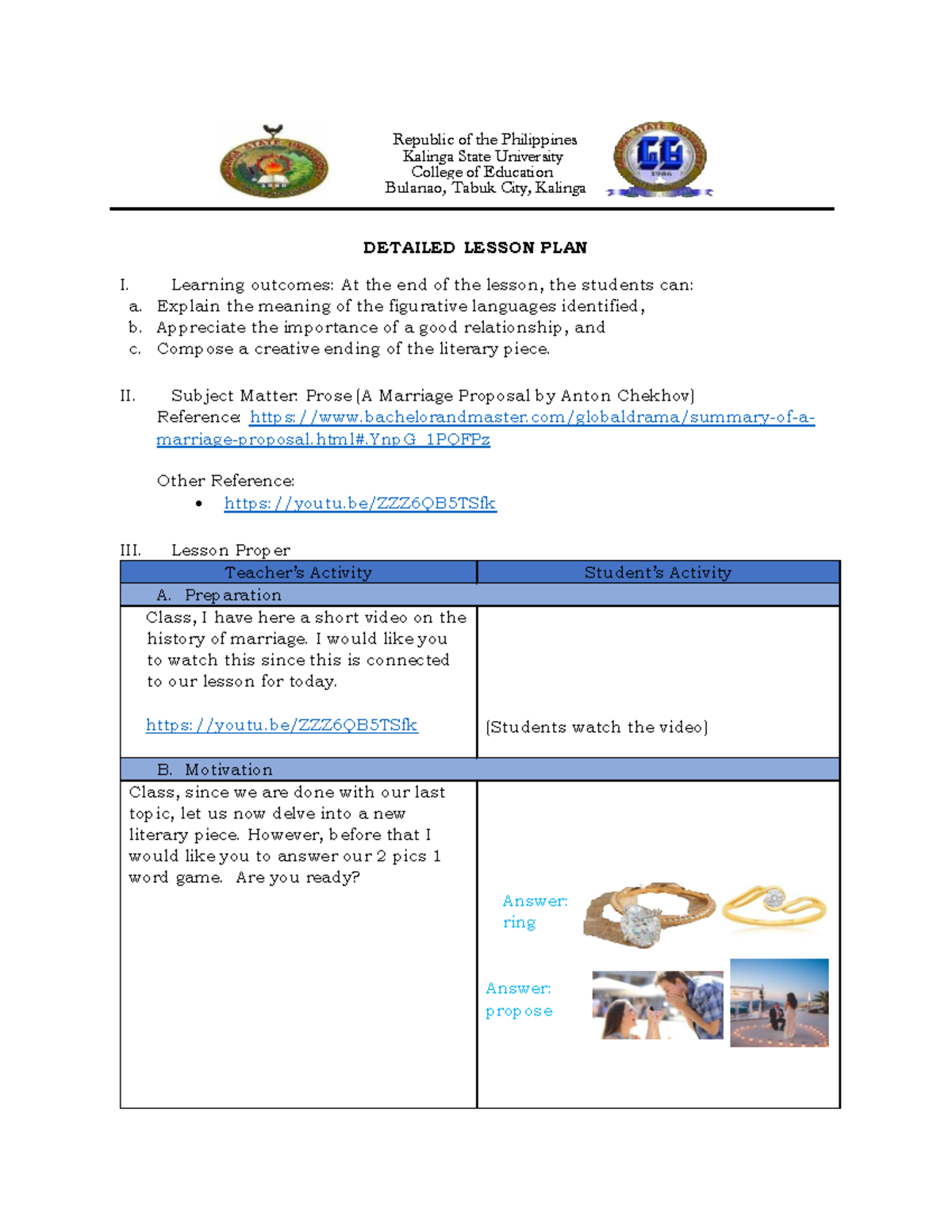 Detailed Lesson Plan on "A Marriage Proposal" (EDUC 101) - Studocu
