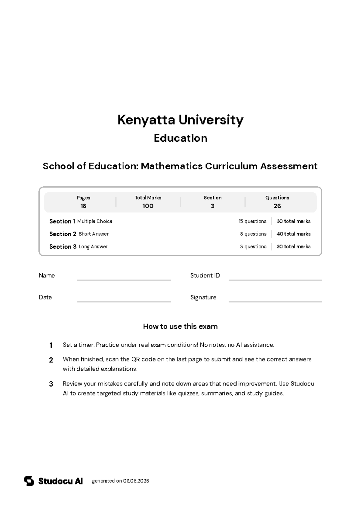 Mathematics Curriculum Assessment - Final Exam - Studocu