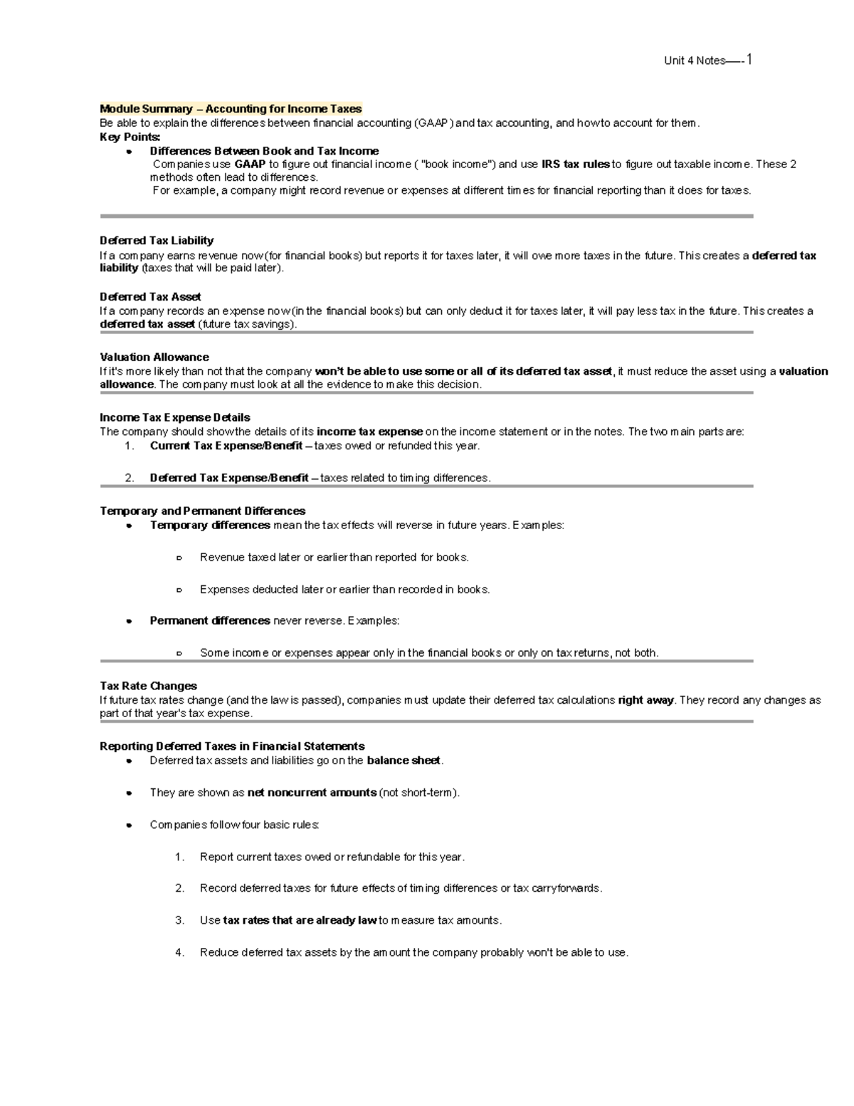 Unit 4 Notes: Accounting for Income Taxes - Key Concepts and ...