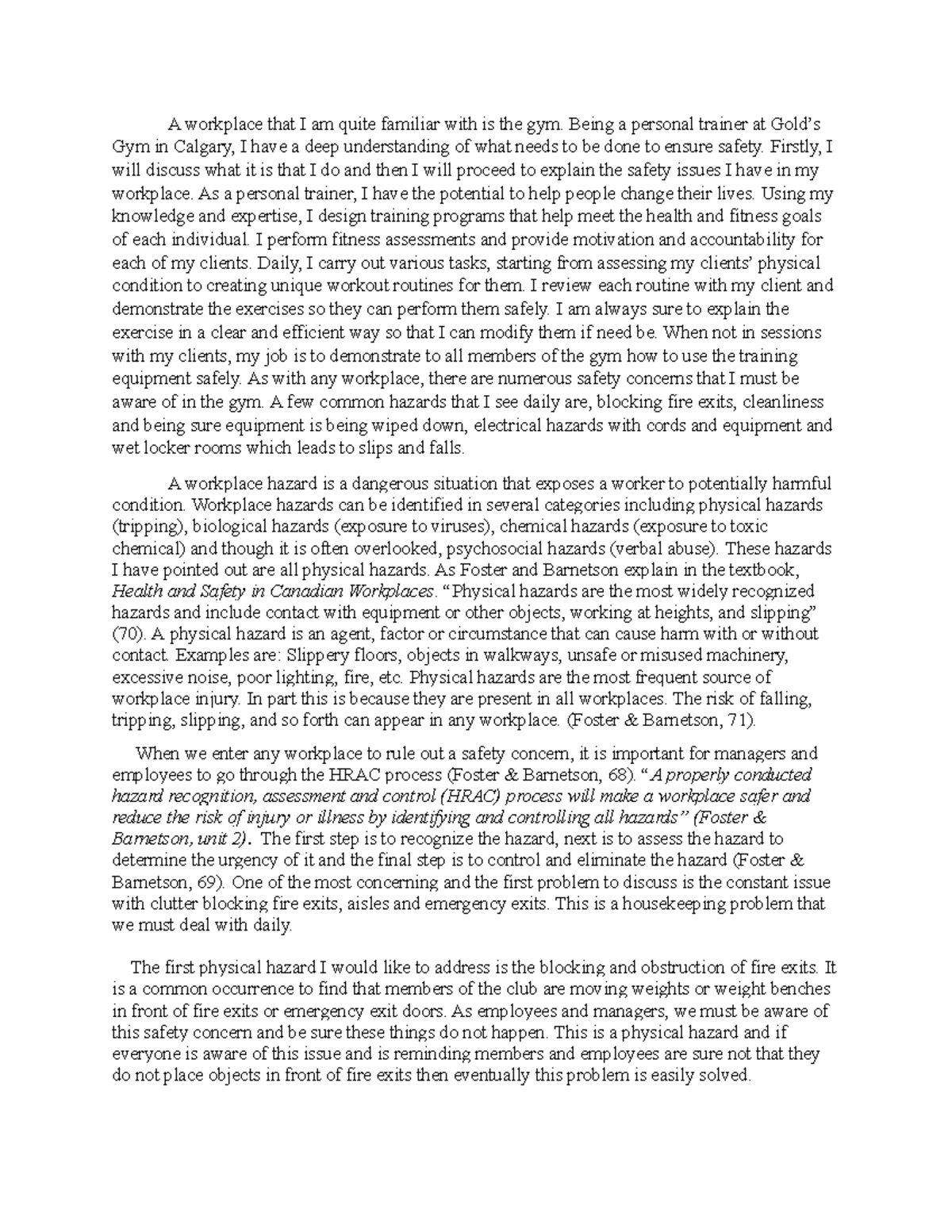 Idrl 308 assignment 1 - Grade: A Hazard Report Select a workplace or ...