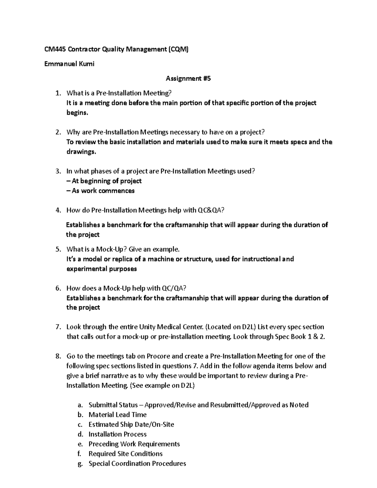 CM445 Assignment #3: Pre-Installation Meetings and Quality Management ...