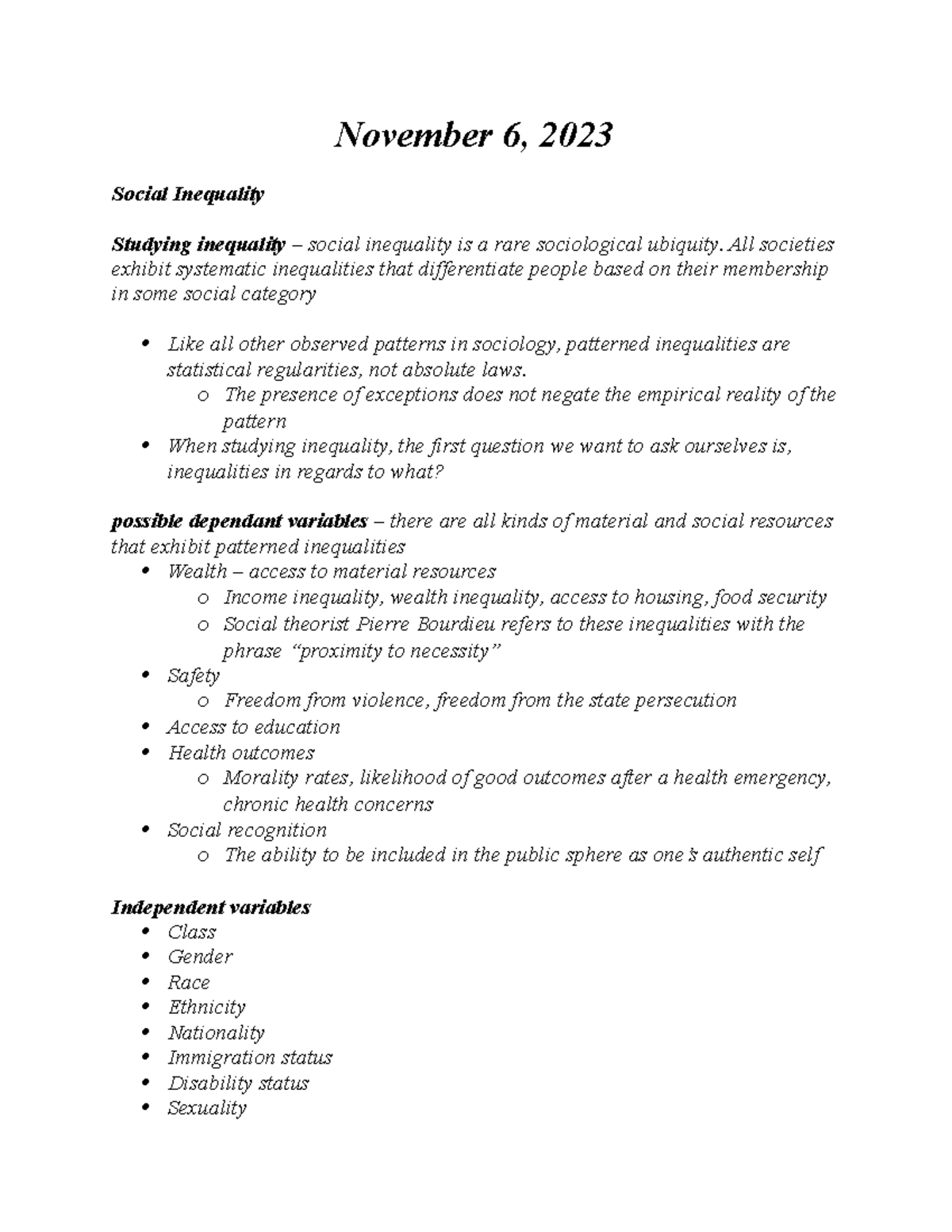 SOC 101: November 6, 2023 Lecture Notes on Social Inequality - Studocu