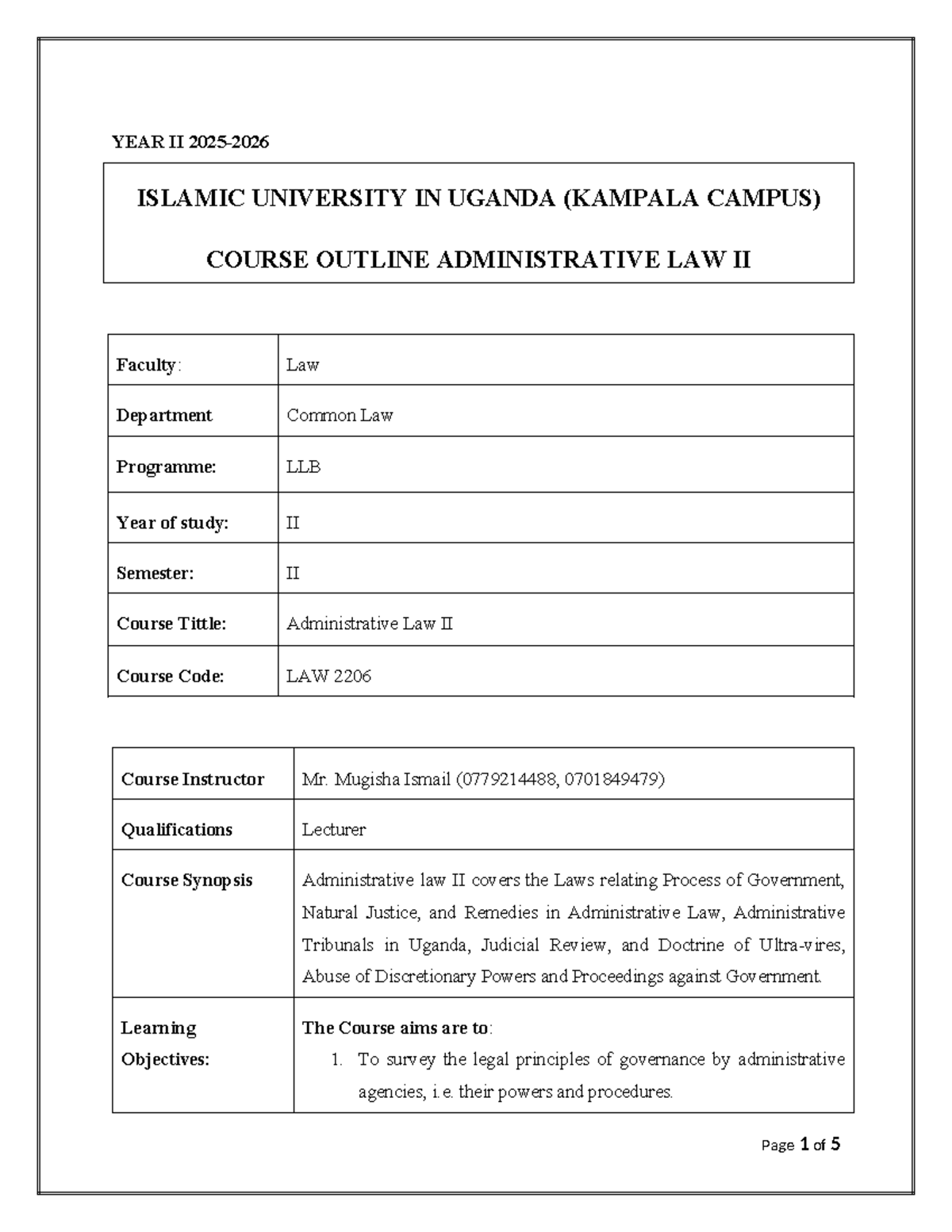 LAW 2206 Course Outline: Administrative Law II - Year II - Studocu