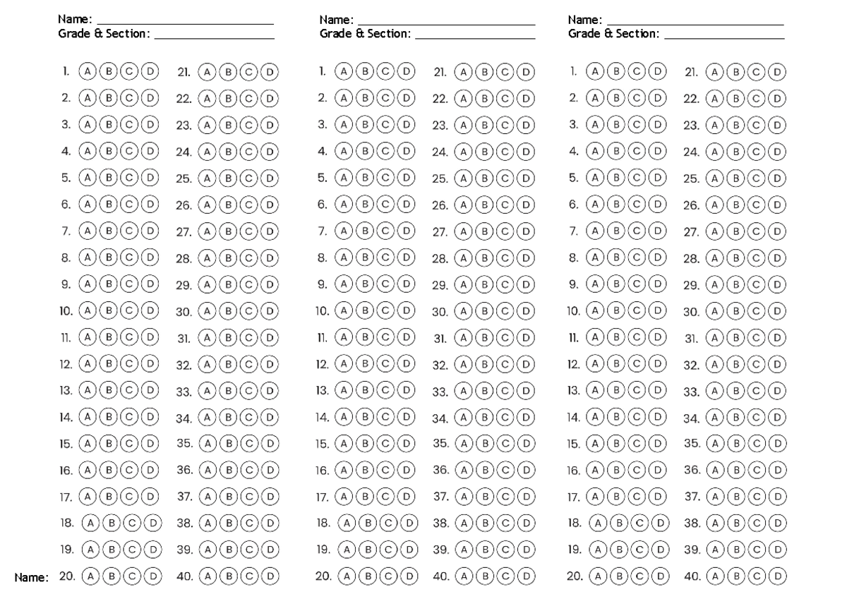 Bubble Answer Sheet - Name: ____________________________ Name