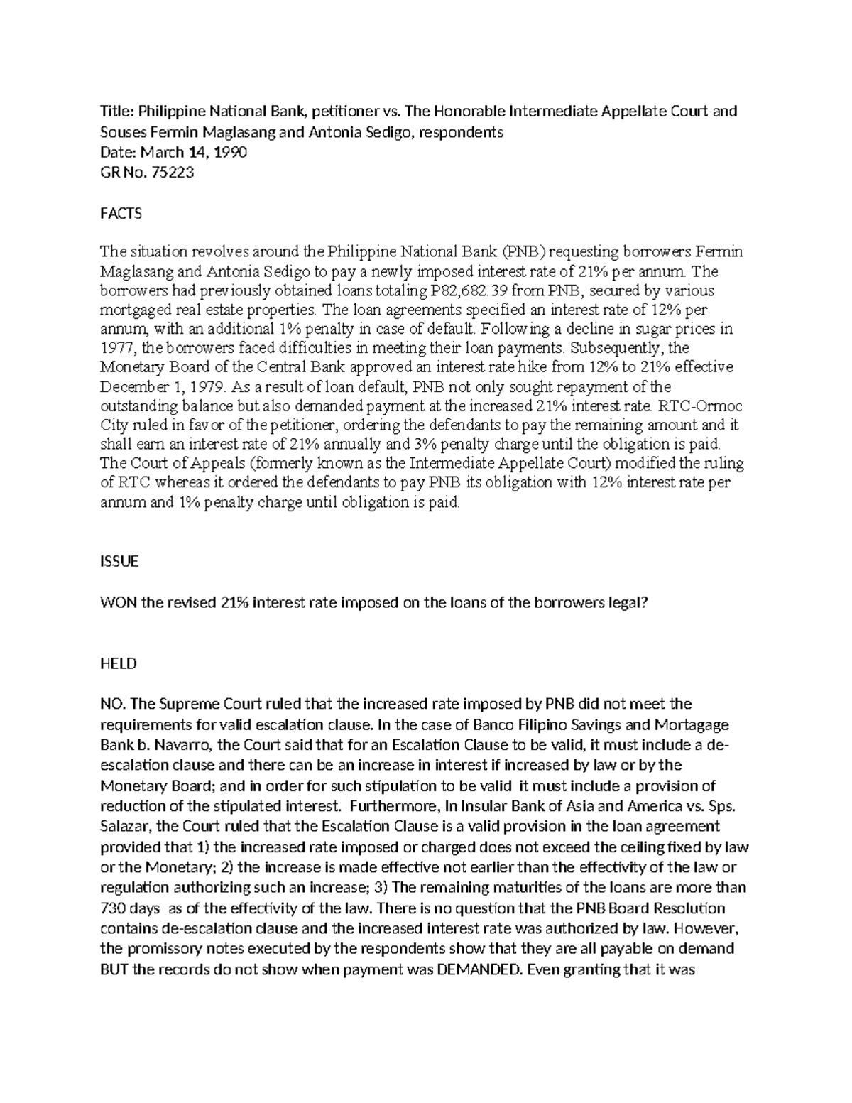 PNB vs IAC: Legal Analysis of Interest Rate Escalation Clause - Studocu