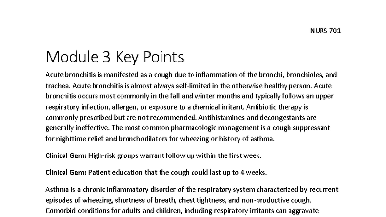 NURS 701 Module 3 Key Points: Acute Bronchitis & Asthma Overview - Studocu