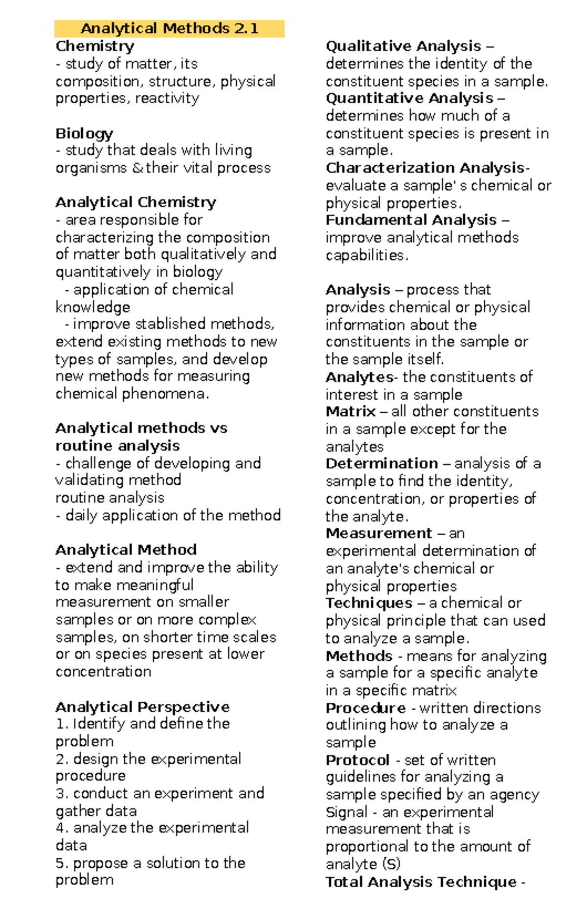 Analytical Methods 2: Key Concepts and Definitions for Chemistry - Studocu