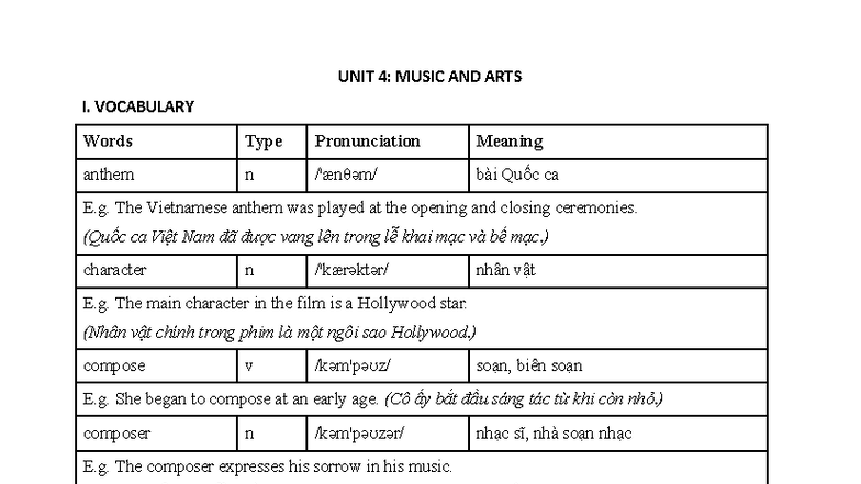 UNIT 4: MUSIC AND ARTS - Vocabulary and Exercises - Studocu
