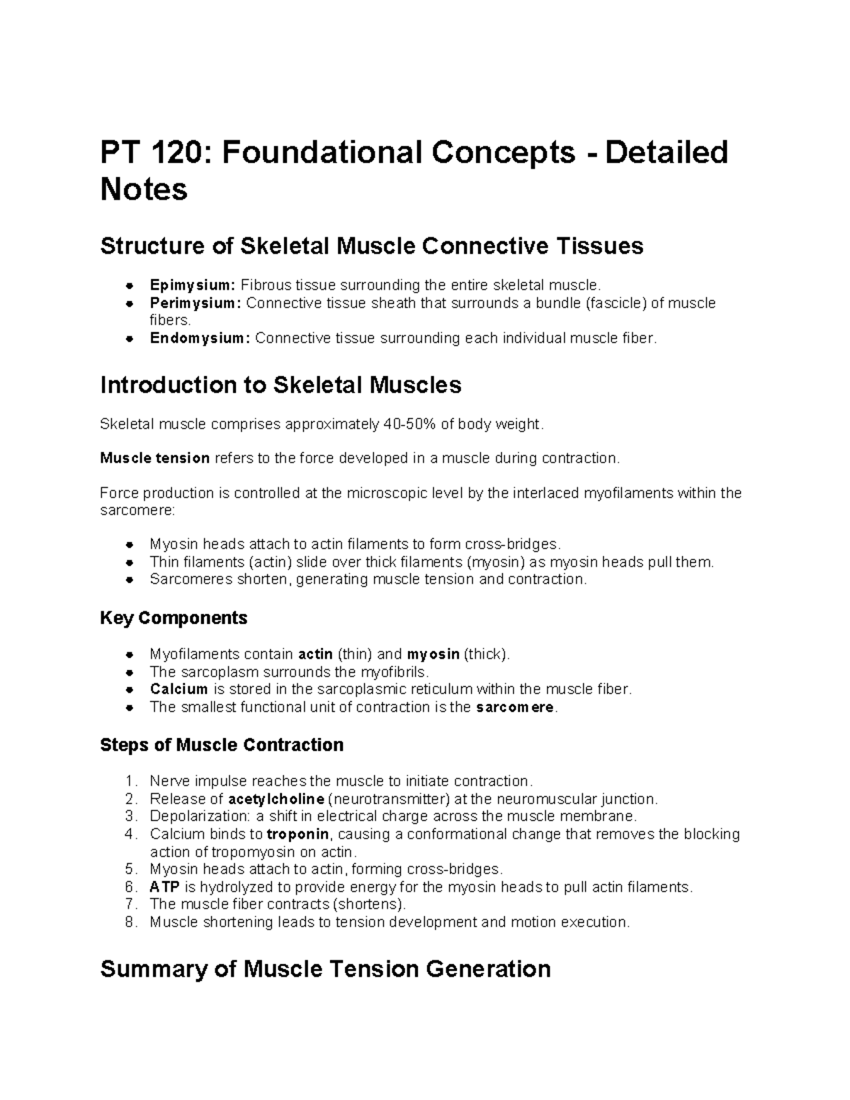 PT 120: Detailed Notes on Skeletal Muscle Structure & Function - Studocu