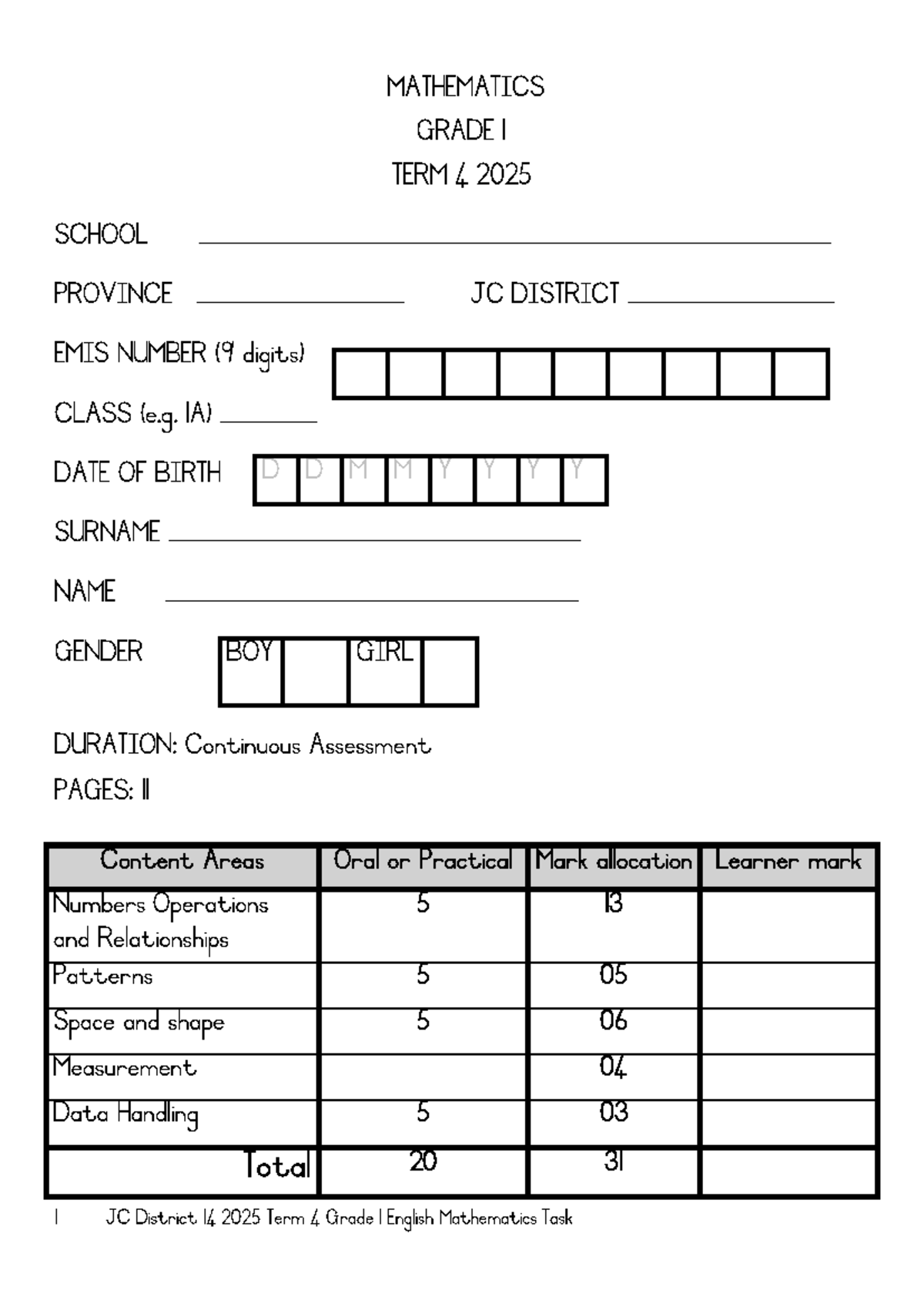 2025 Term 4 Grade 1 English Mathematics Task - Studocu