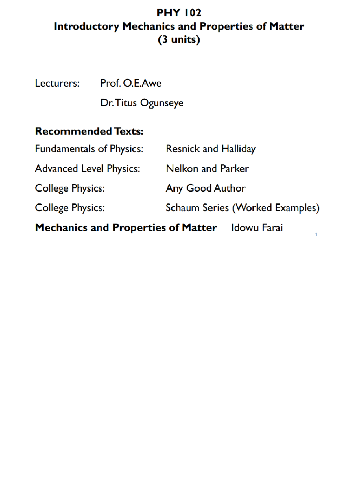 PHY 102 Lecture Notes: Mechanics, Vectors, and Properties of Matter ...