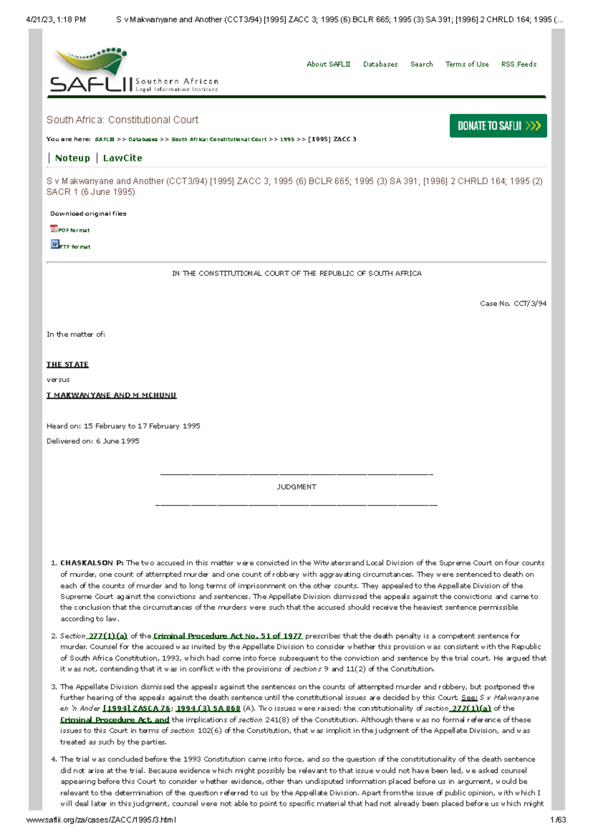 S v Makwanyane (CCT3/94): An Analysis of the Death Penalty Judgment ...