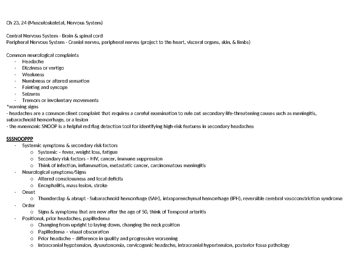 Wk 6 Notes: Musculoskeletal & Nervous System Overview - Studocu