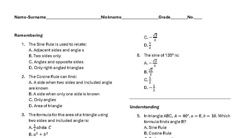 Triangle Geometry Quiz: Sine and Cosine Rules (Course Code: BIG G ...