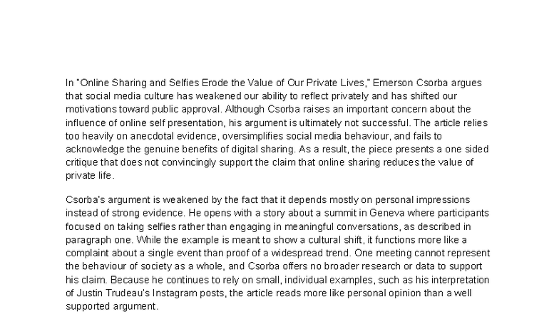 Critical Assignment #2: Analyzing Csorba's Argument on Social Media ...