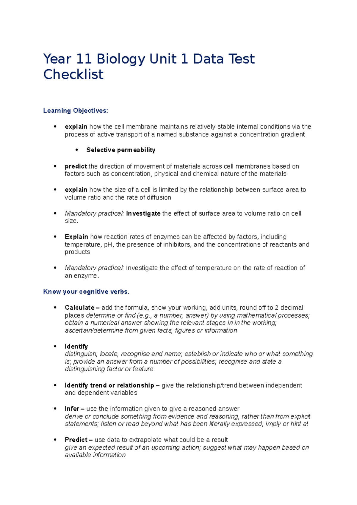 Year 11 Biology Unit 1 Checklist for Data Test Preparation - Studocu