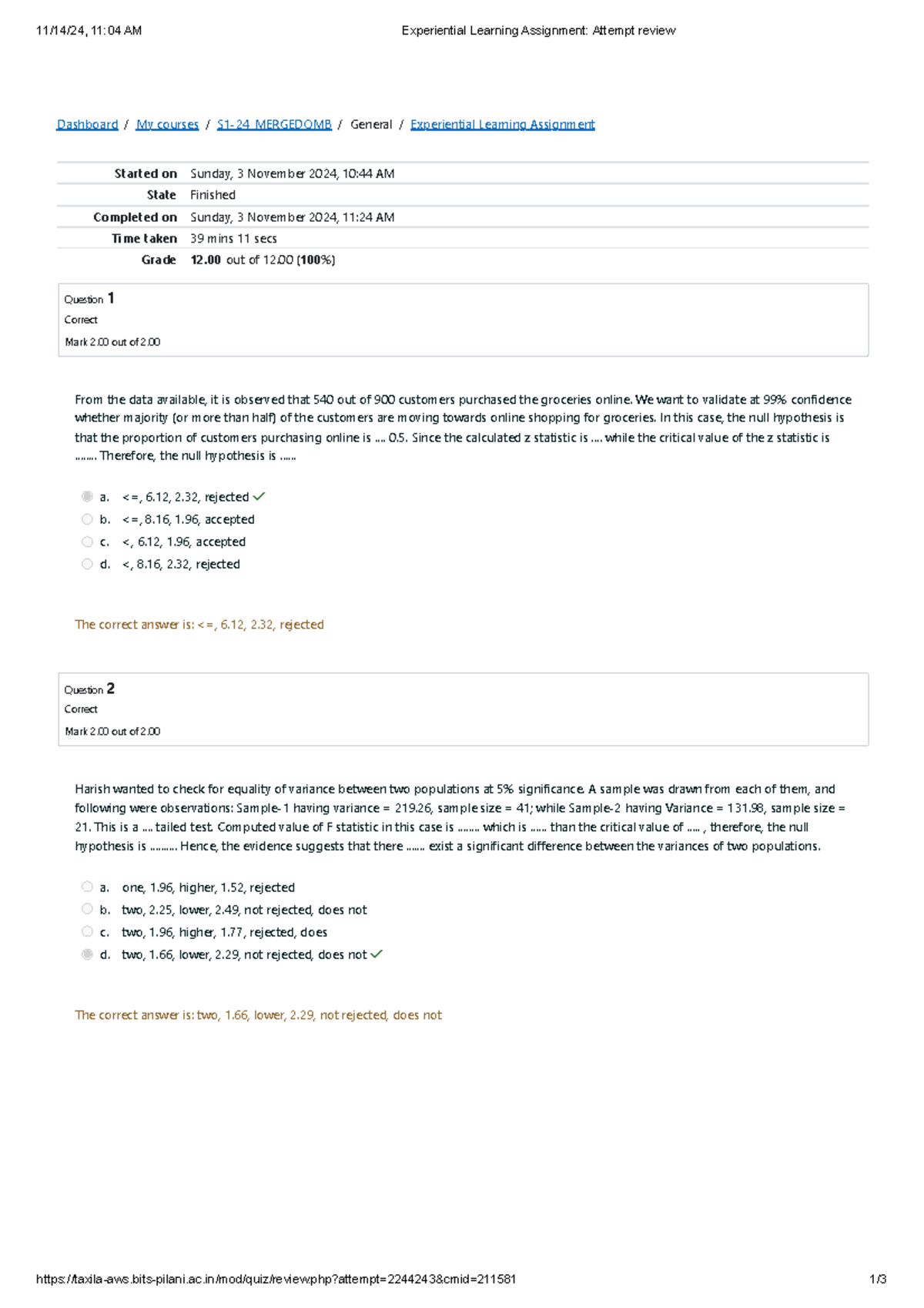 Experiential Learning Assignment - Started on Sunday, 3 November 2024 ...