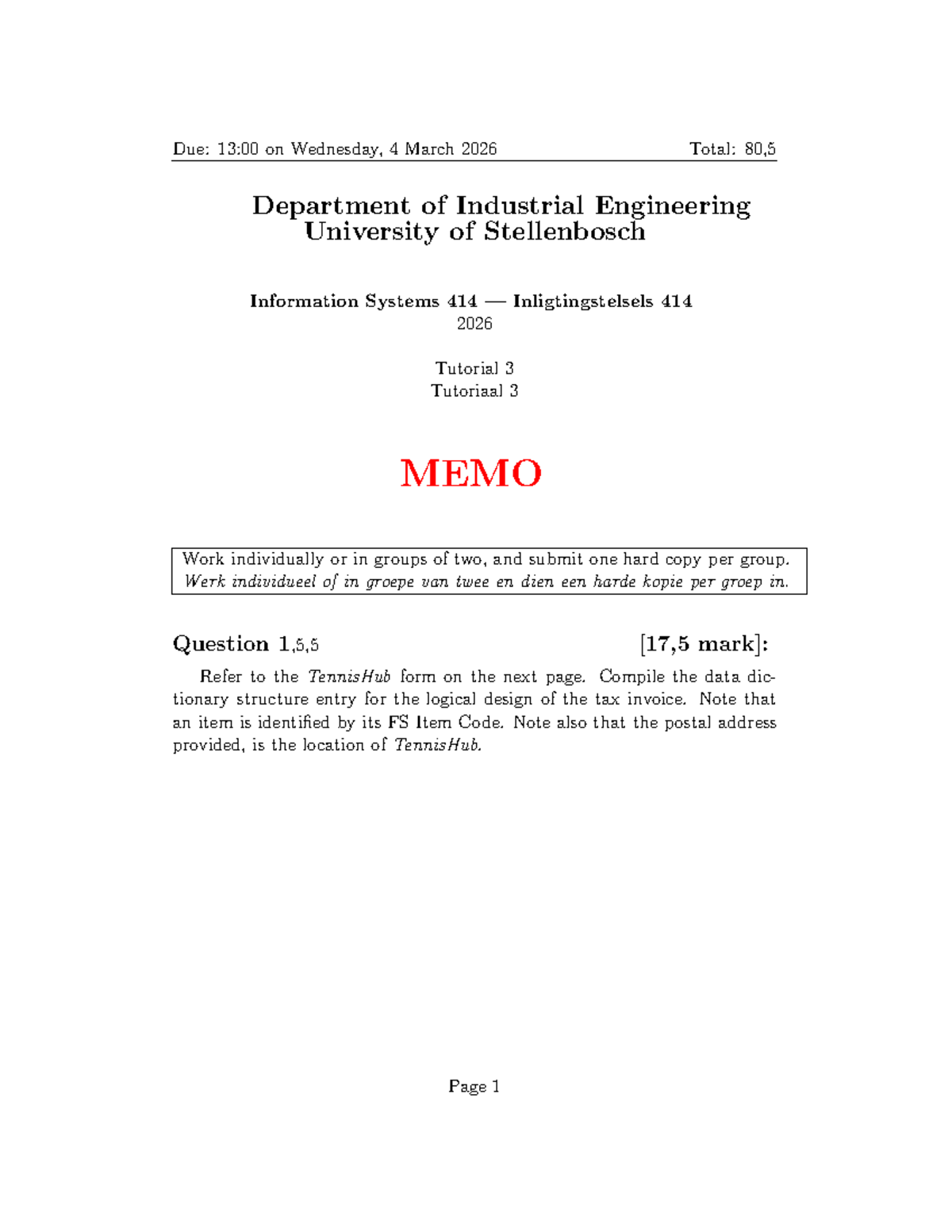 IS 414 Tutorial 3 2026 Memo: Data Dictionary Structure Entries - Studocu