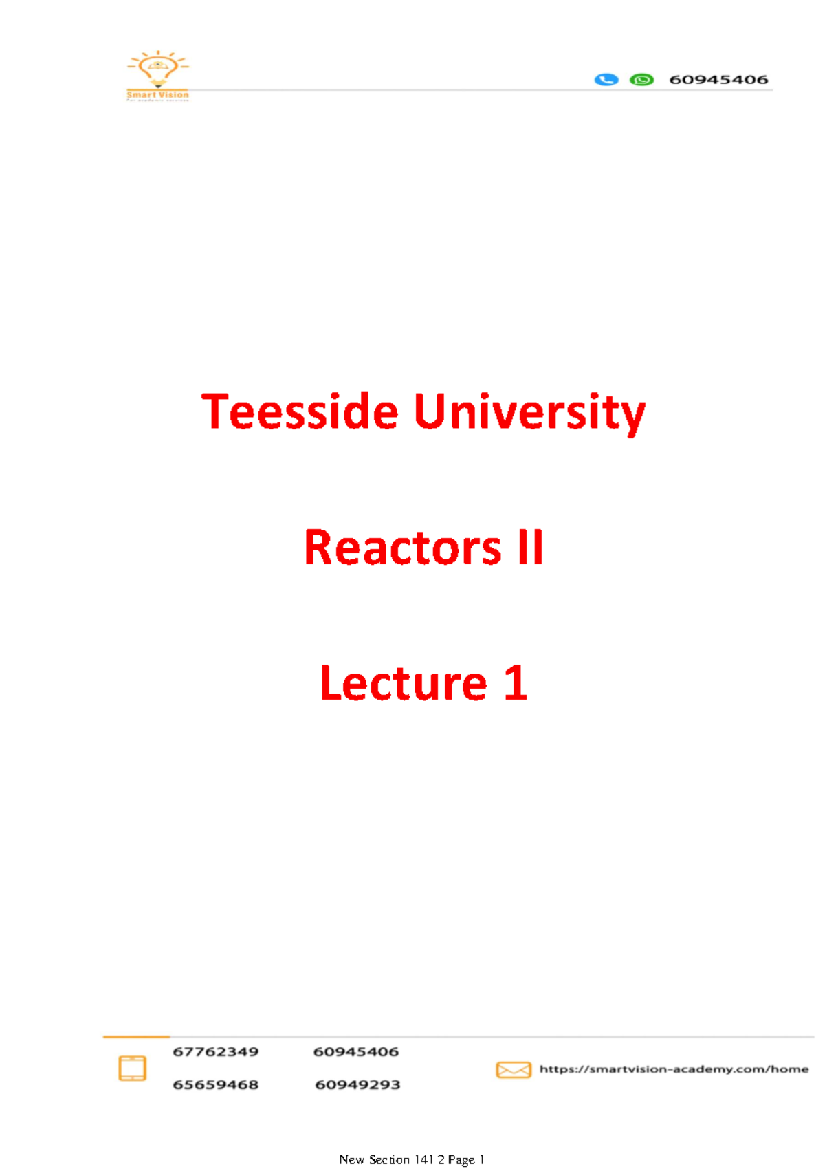 Teesside - Reactors II - Lecture 1 - Teesside University Reactors II ...