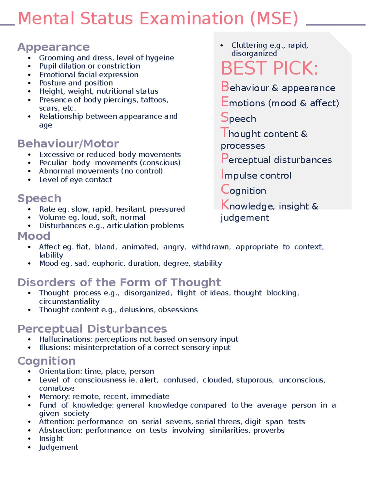 Mental Status Exam Overview (Week 2) - Studocu