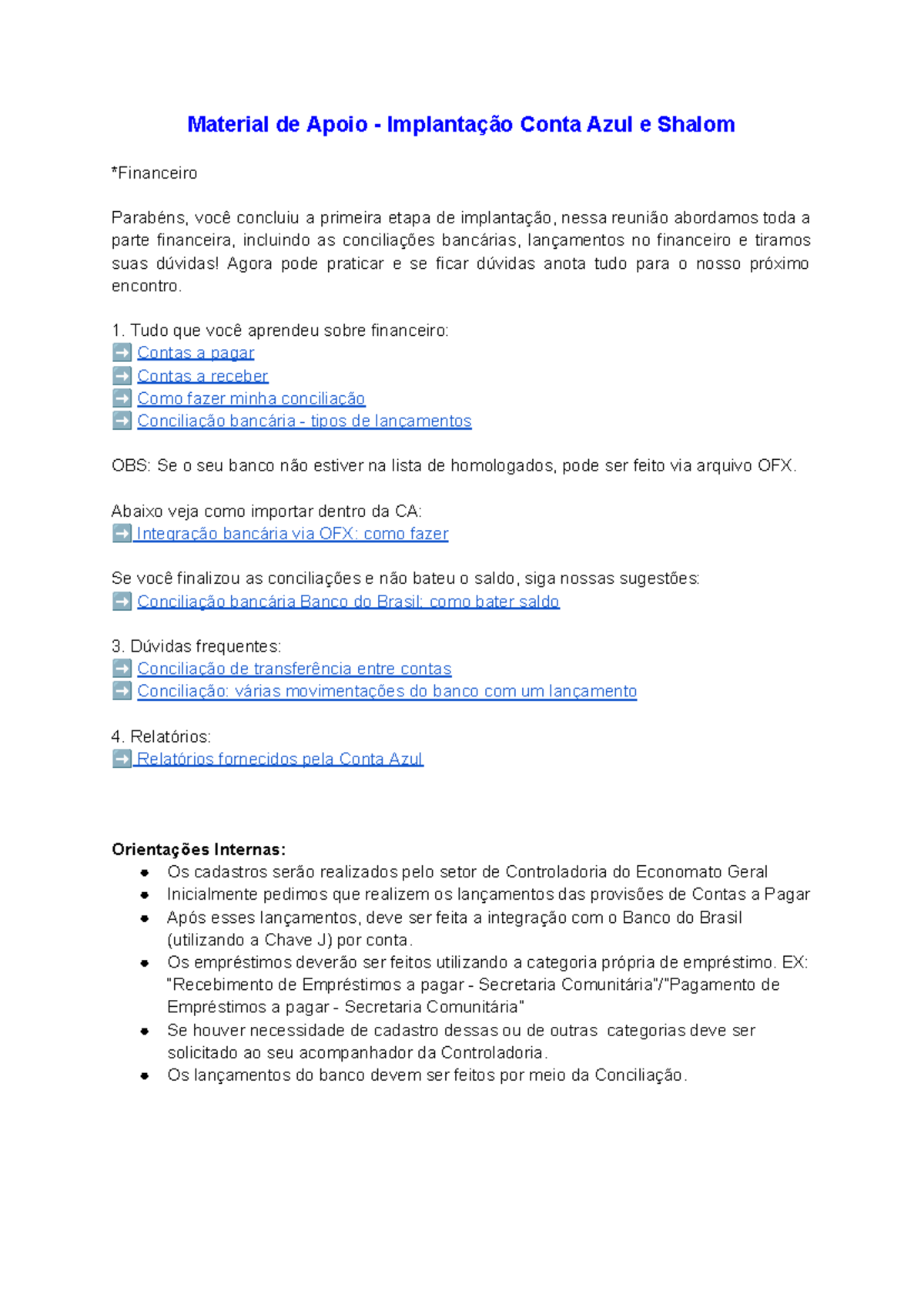 Material de Apoio - Implantação Conta Azul e Shalom: Financeiro - Studocu