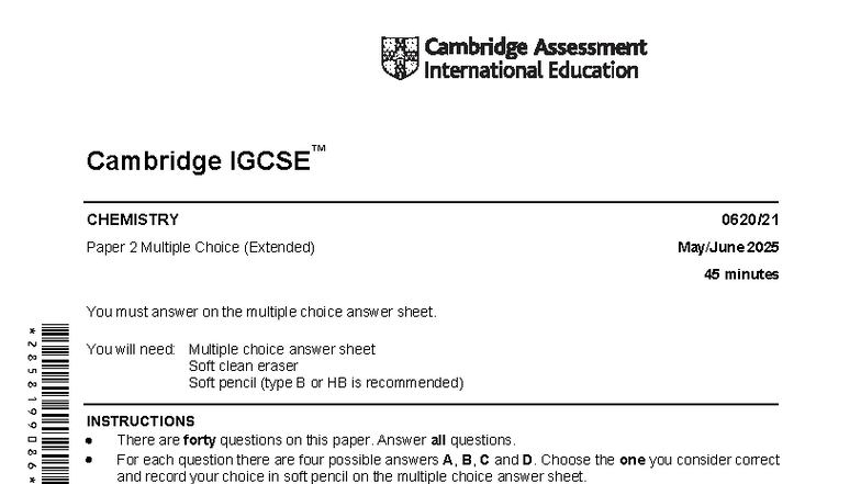 Cambridge IGCSE CHEMISTRY Paper 2 MCQ (Extended) 0620-21 Mark Scheme ...