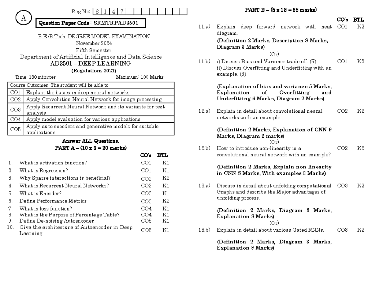 AD3501-DL Model question SET A - Question Paper Code : SRMTRPAD3 501 B ...