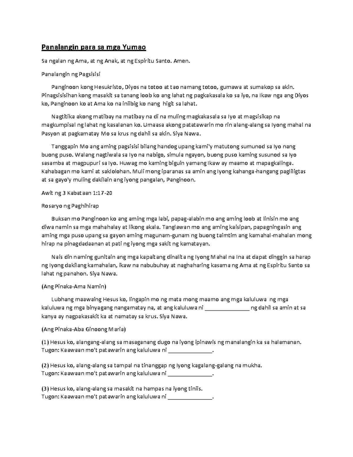 Panalangin para sa mga Yumao (Prayer for the Dead) - Panalangin para sa mga Yumao Sa ngalan ng ...