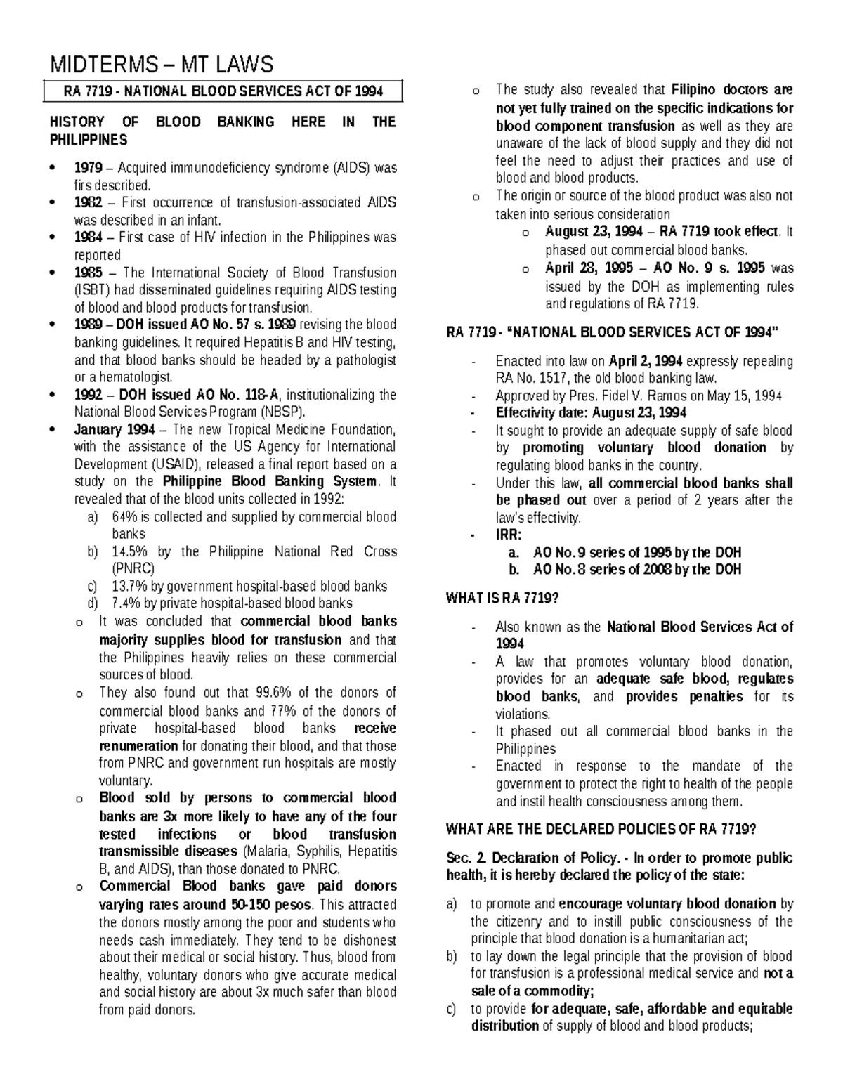 MT LAWS 7719 - Blood Services Act of 1994 Midterm Notes - Studocu