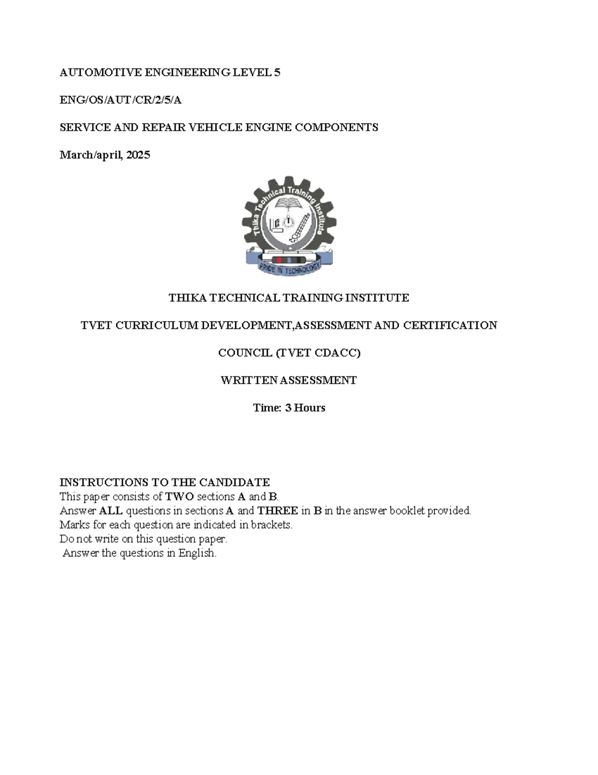 Automotive Engineering Level 5: Service & Repair of Engine Components ...