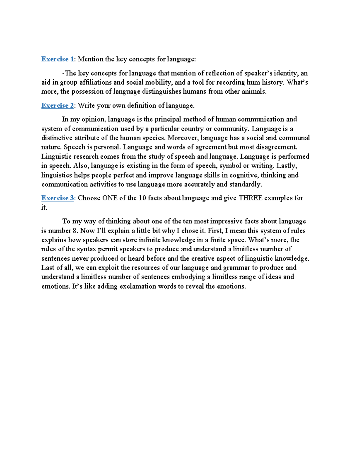 10 facts about language - Exercise 1: Mention the key concepts for ...