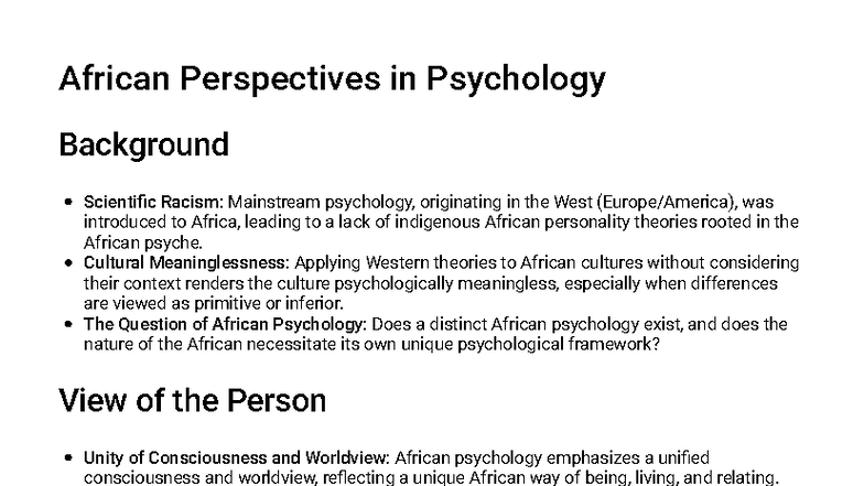 African Perspectives in Psychology: Study Guide on Cultural Context and ...
