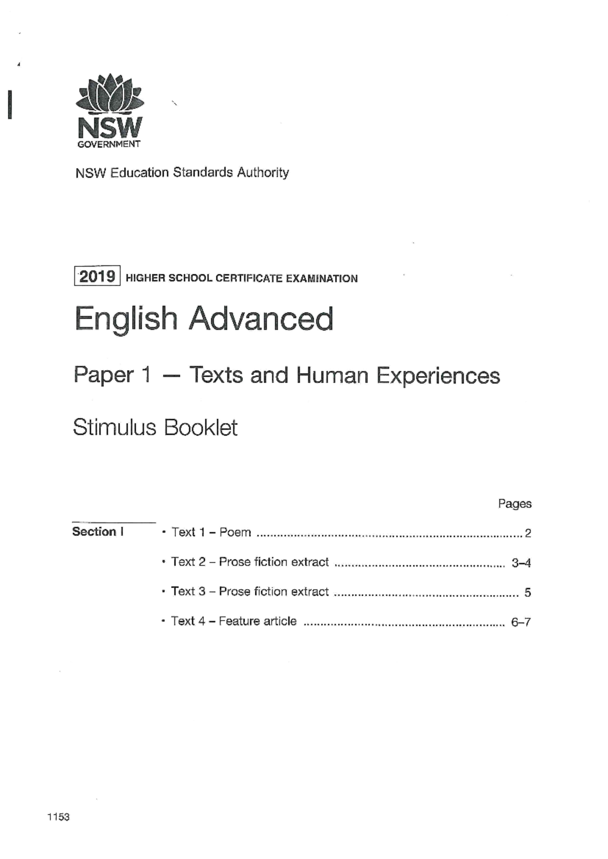 2019 HSC English Advanced Paper 1 Stimulus Booklet: Texts & Human ...