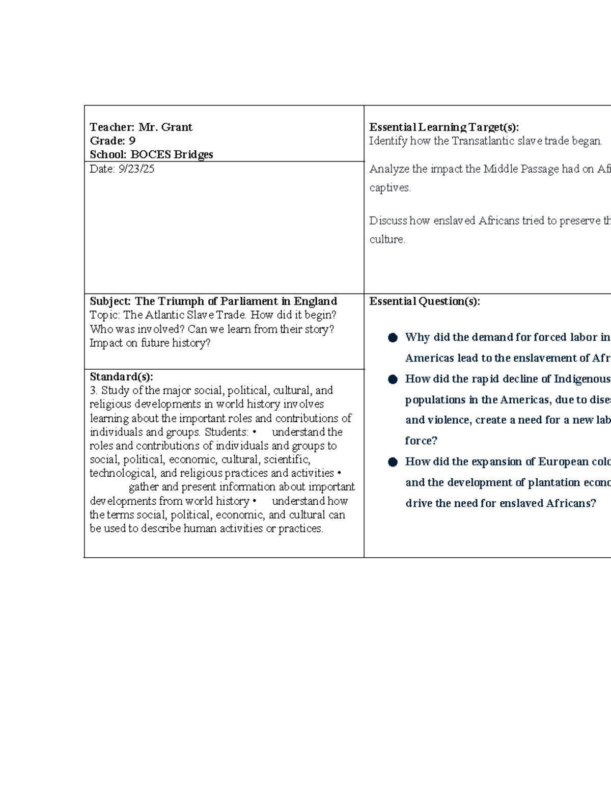 Atlantic Slave Trade Lesson Plan (Grade 9) - Studocu
