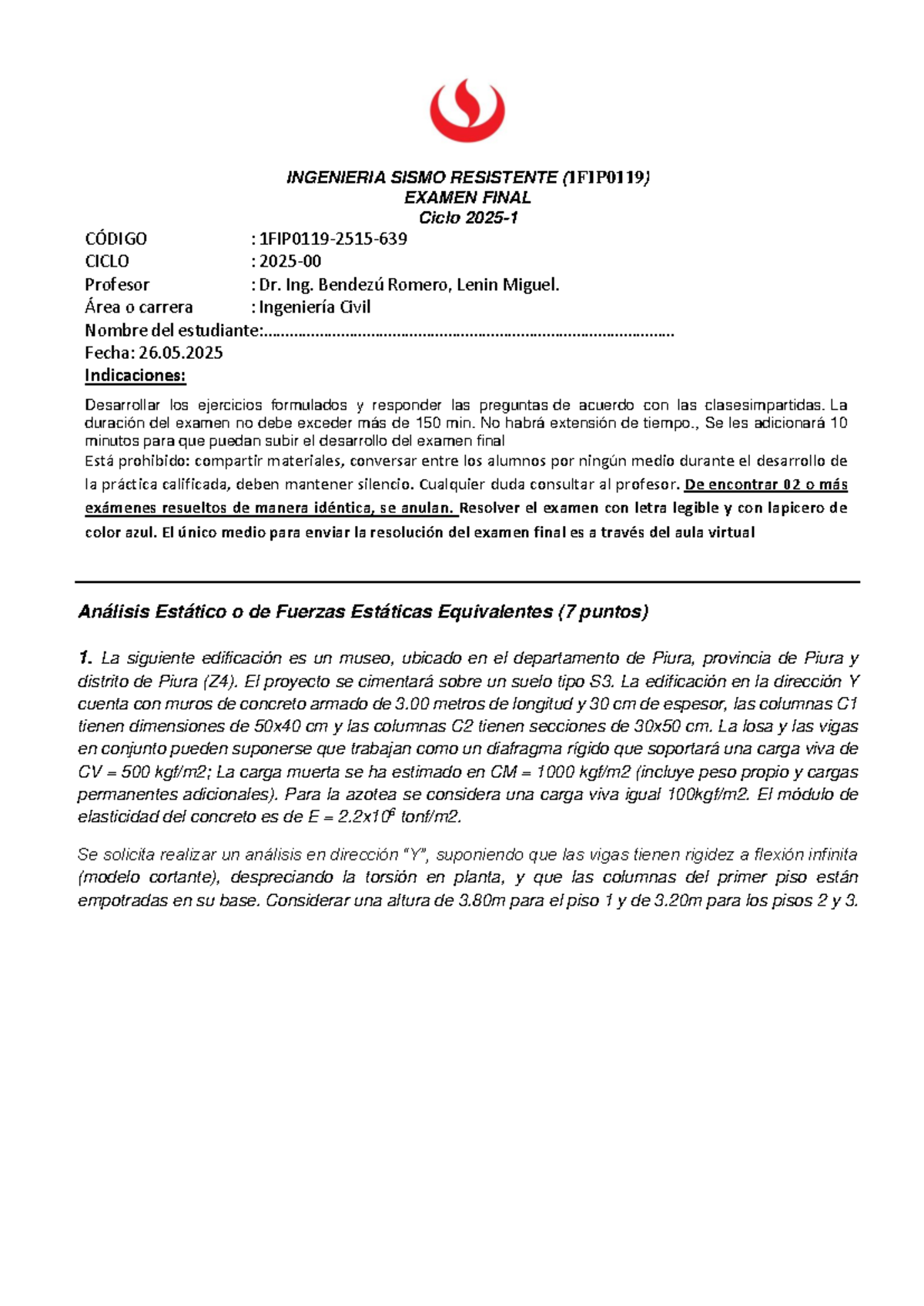 Examen Final de Ingeniería Sismo Resistente (1FIP0119) - 2025 - Studocu