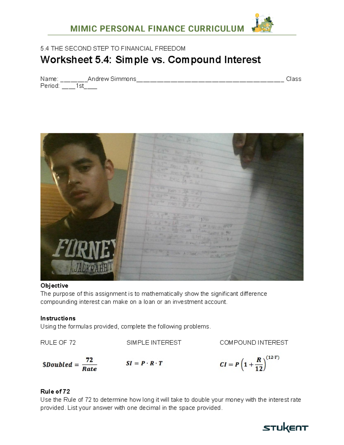 5.4 Worksheet: Comparing Simple vs. Compound Interest Techniques - Studocu