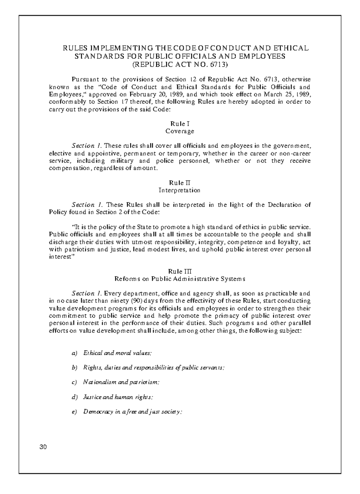 Implementing Rules for RA 6713: Code of Conduct & Ethical Standards ...