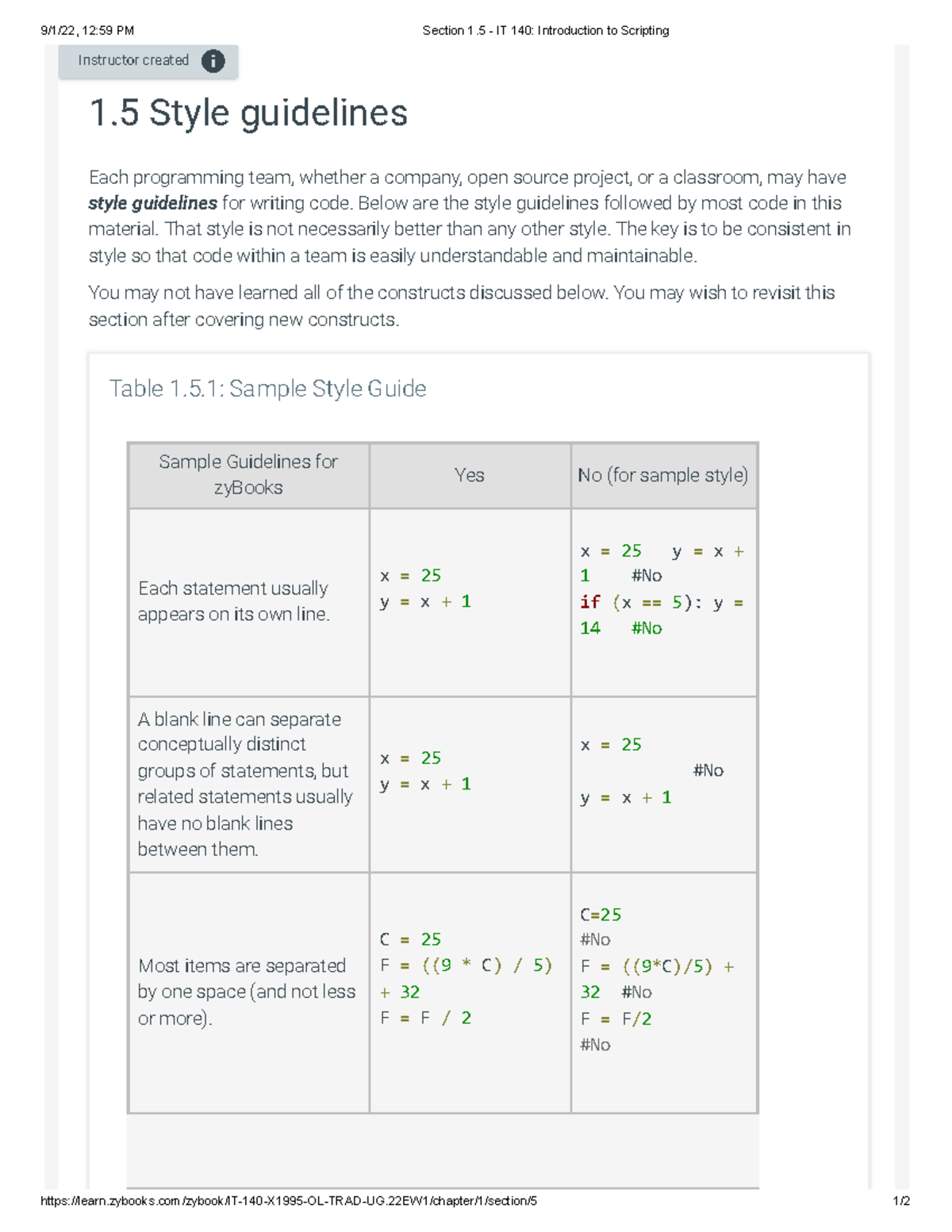 1.5 Style guidelines - 9/1/22, 12:59 PM Section 1 - IT 140: Introduction to Scripting - Studocu