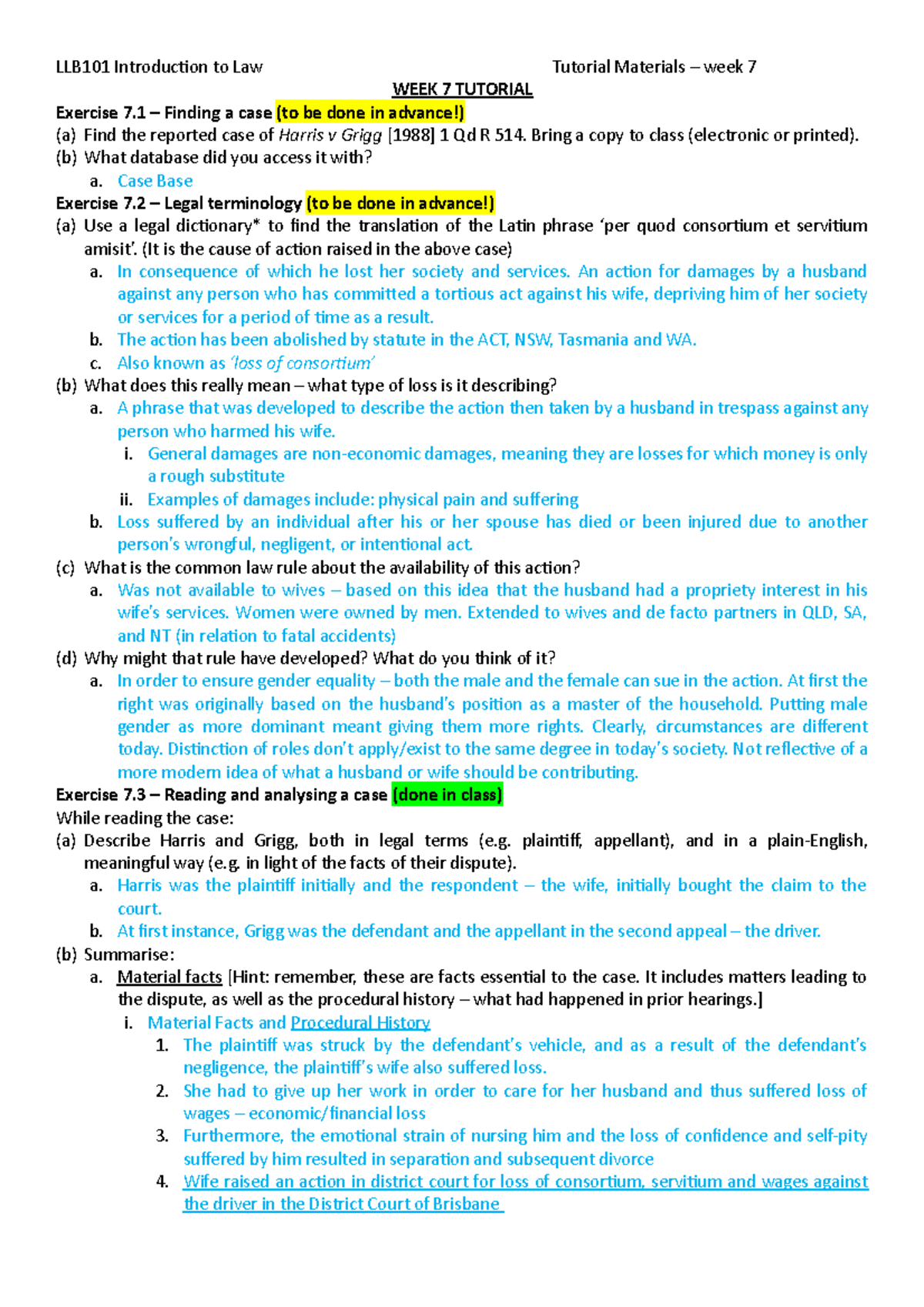 WEEK 7 Tutorial - LLB101 Introduction to Law Tutorial Materials week 7 WEEK 7 TUTORIAL Exercise ...
